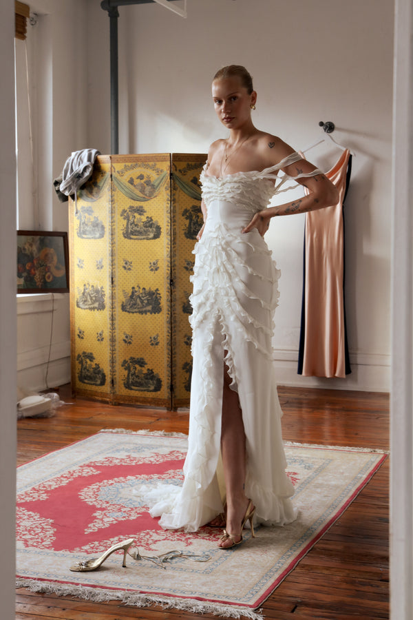 Cascading Ruffle Gown in Pearl - Mirror Palais